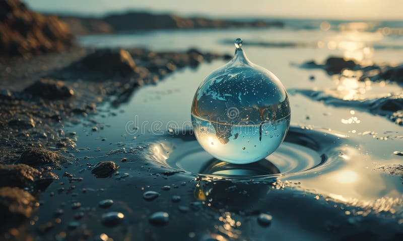 Transparent Glass Sphere Floats on Rippling Body Water, with Rocky ...