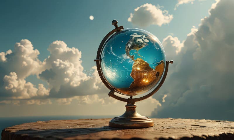 Blue-tinted Globe with Golden-colored Equator Stands on Wooden Table ...