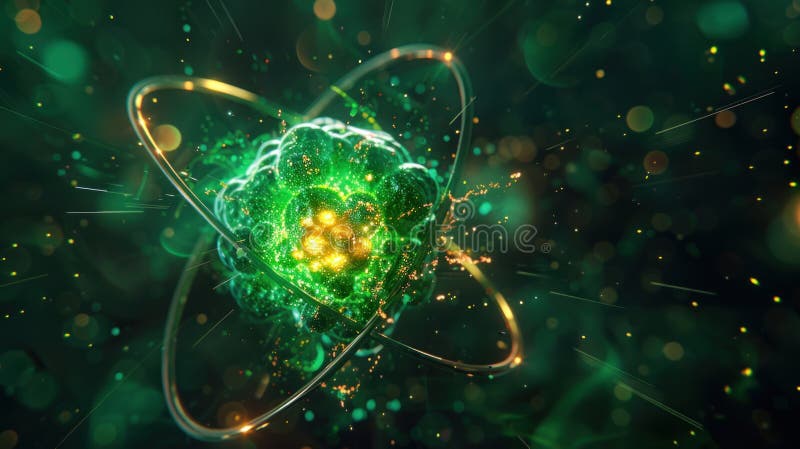 The Image Depicts a Glowing Atom Surrounded by Energetic Orbits Stock ...