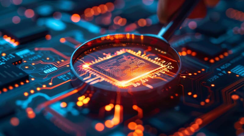 Closeup of a Glowing Cpu Processor Chip on a Circuit Board Magnified ...