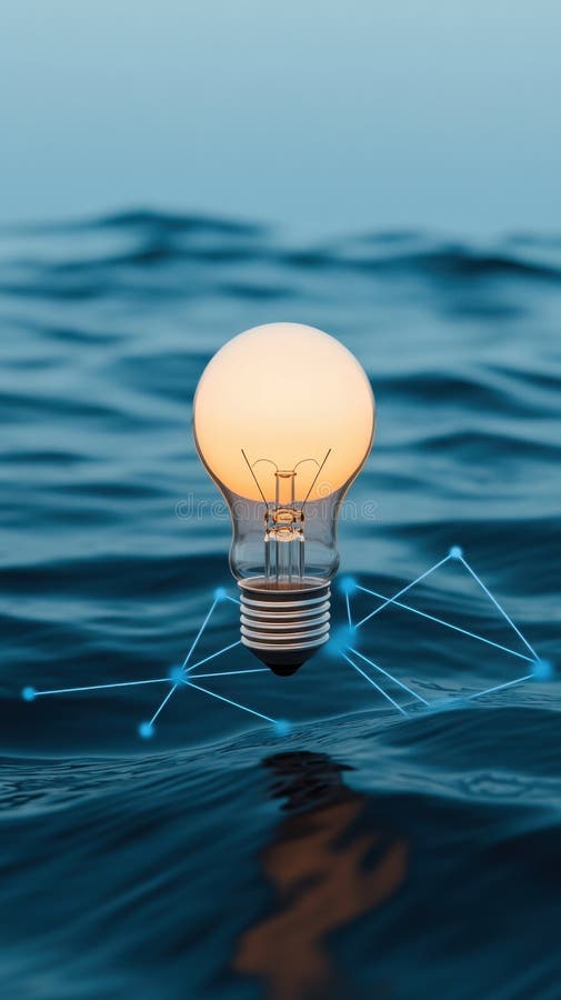A Glowing Light Bulb Floats on the Ocean, Symbolizing Innovation and ...