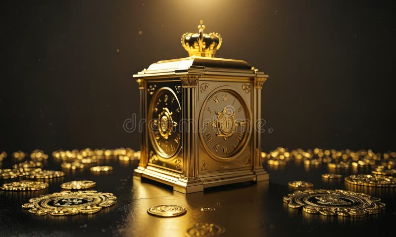 Golden Crown-topped Box with Clock Face Sits on Bed Scattered Golden ...