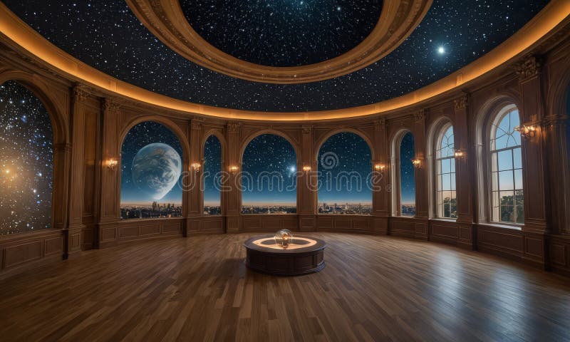 Grand Room with Circular Ceiling, Arched Windows, and Circular Table ...