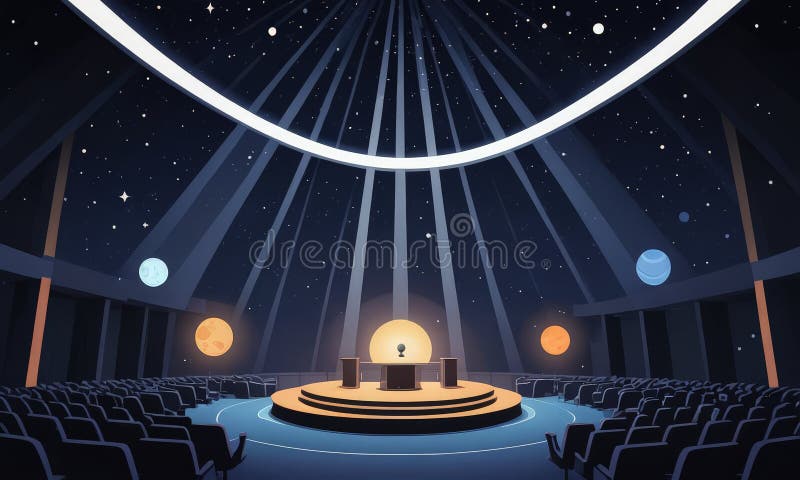Circular Stage with Speaker and Microphone is Illuminated by Spotlights ...
