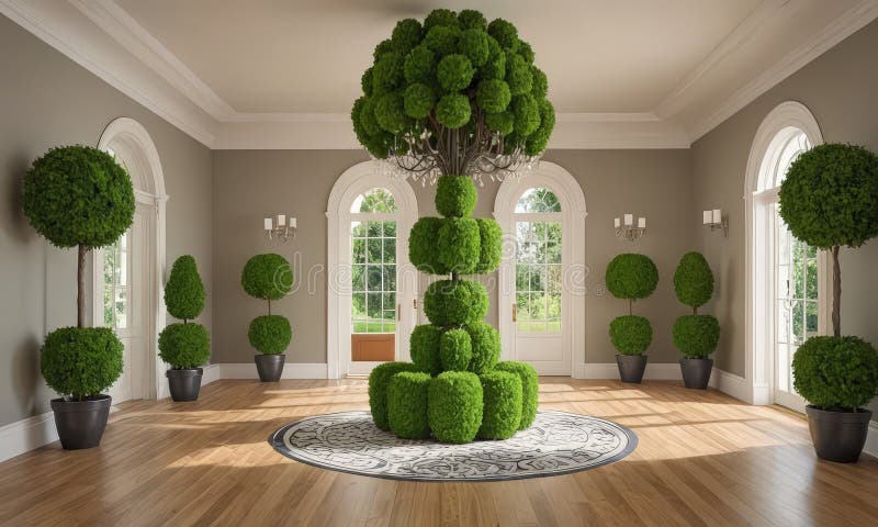 Grand Room with High Ceilings, White Walls, and Large Tree-like ...