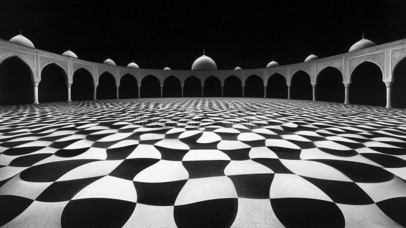 A Surreal Black and White Image of a Building with a Checkered Floor ...