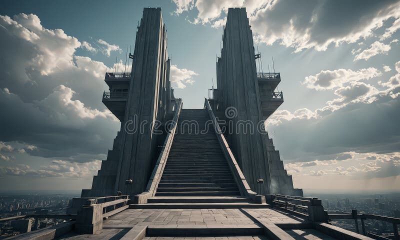 Grand Concrete Structure with Two Towering Pillars and Central ...