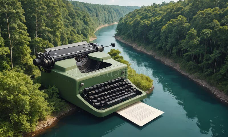 Green Typewriter Sits on Wooden Dock, Overlooking Serene River ...