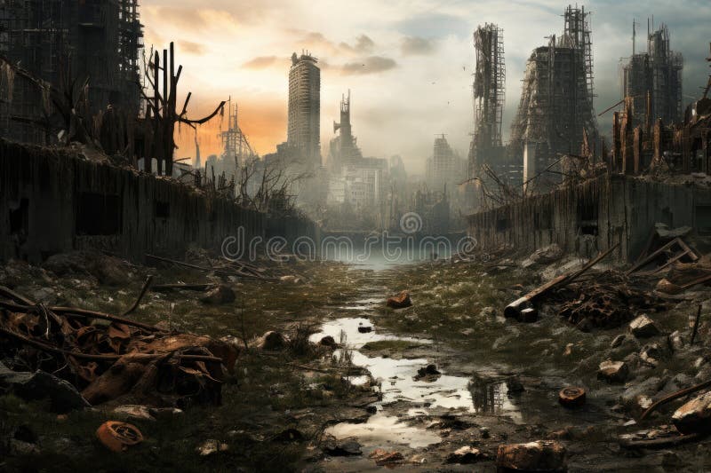 This Image Depicts a Grim Cityscape Overwhelmed by Litter, Garbage, and ...