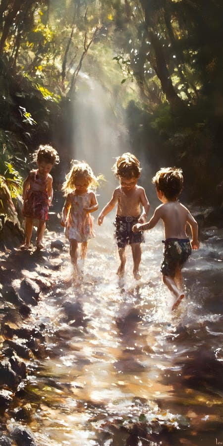 Children Playing in a Stream Stock Illustration - Illustration of ...