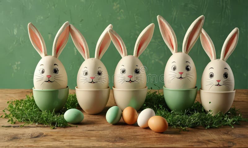 Six White Easter Bunnies with Pink Ears and Faces are Arranged in Row ...