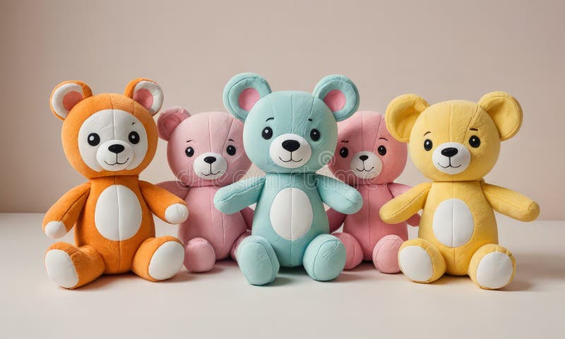 Five Stuffed Bears in Various Pastel Colors (orange, Pink, Blue, Yellow ...