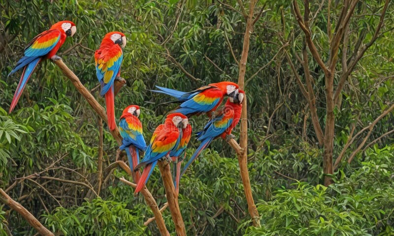 Six Vibrant Macaws Perch on Tree Branches in Lush Forest, Displaying ...
