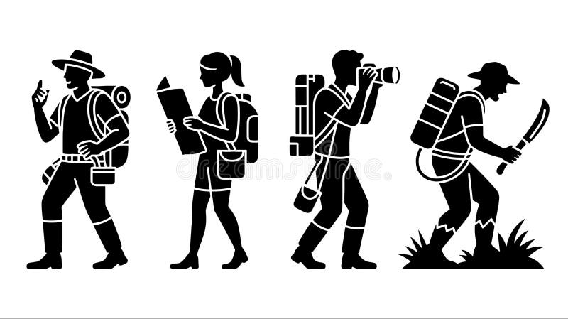 Hiker Backpacker Group Exploring Map and Taking S Stock Vector ...