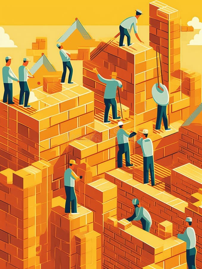 Image Depicts Group of Men Working Together To Build Large Brick ...