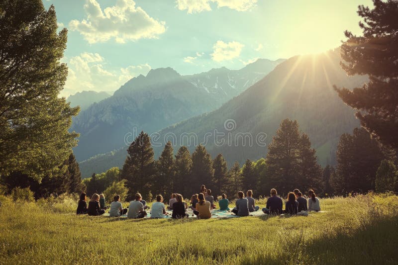 A Serene Gathering of Individuals in Nature. they Sit Together Under ...
