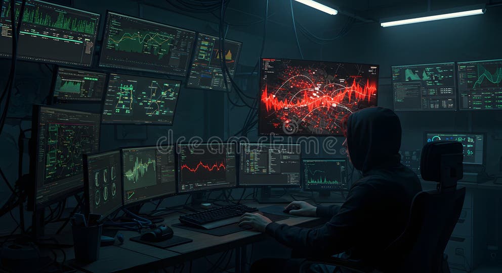 Cybersecurity Hacker Workstation Stock Image - Image of global, dark ...