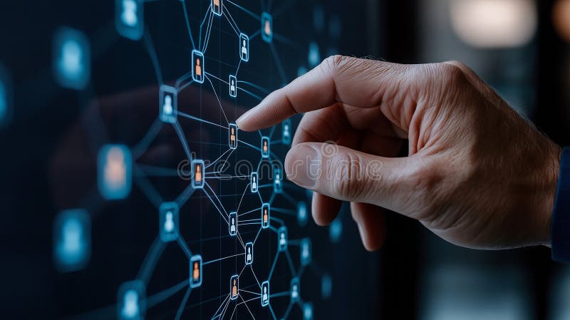 Image Depicts Hand Interacting with Digital Network Interface ...