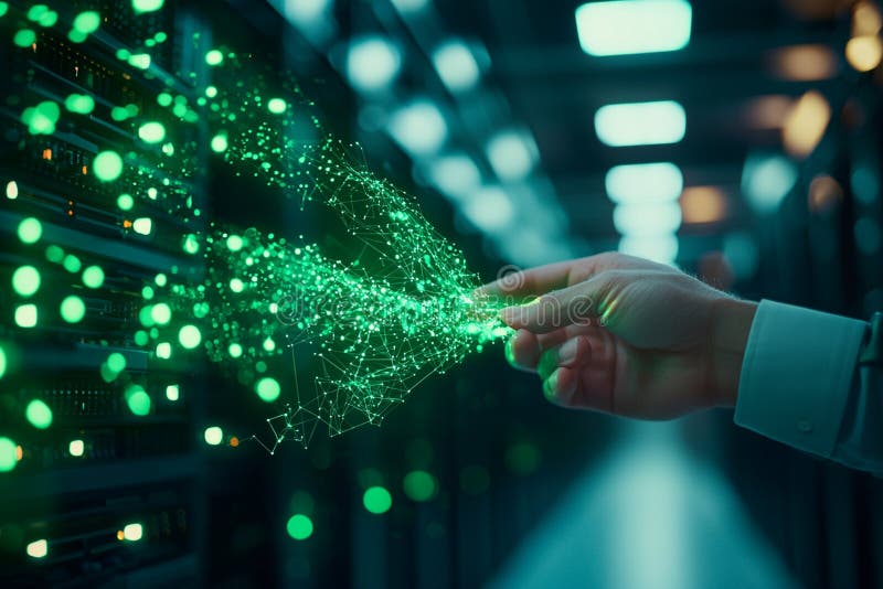 Image Depicts Hand Interacting with Glowing Data Connections in Data ...