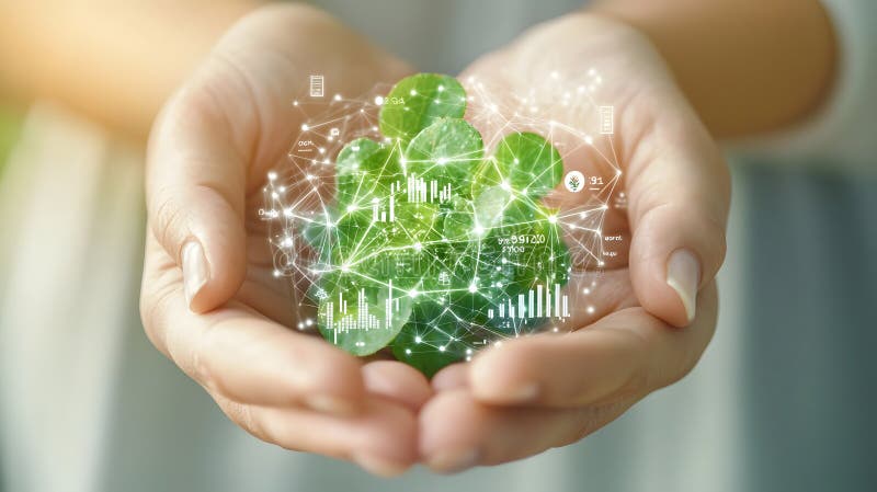 Green Tech Growth Hands Holding Clover with Data Network AI Generated ...