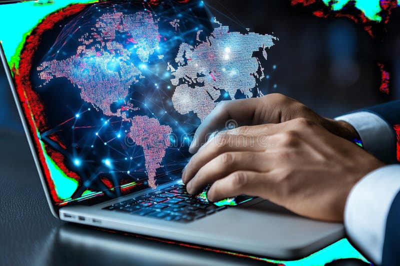 Hands on Keyboard with Digital World Map Visualization, AI Generated ...