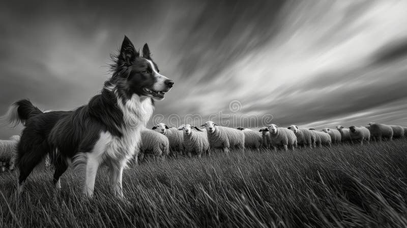 A Loyal Herding Dog Stands Watch Over a Flock of Sheep. the Bond ...