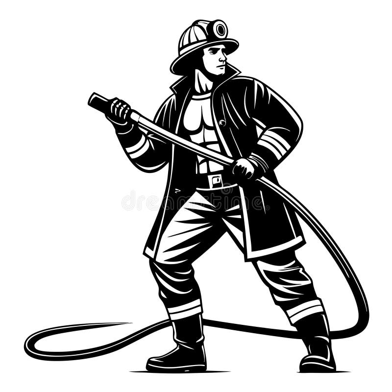 Heroic Firefighter Ready with Hose in Dynamic Pose for Emergency ...
