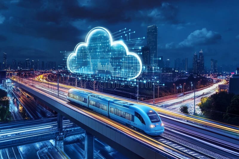 Highspeed Train Travels through City at Night Futuristic Cloud Computing Technology Stock ...