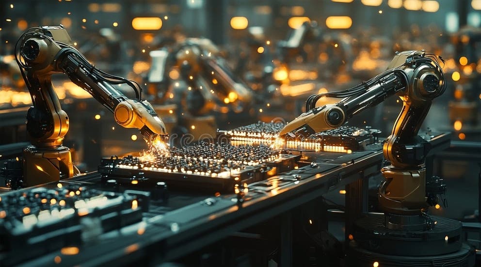 High-tech Robotic Factory with Automated Assembly Line and Sparking ...