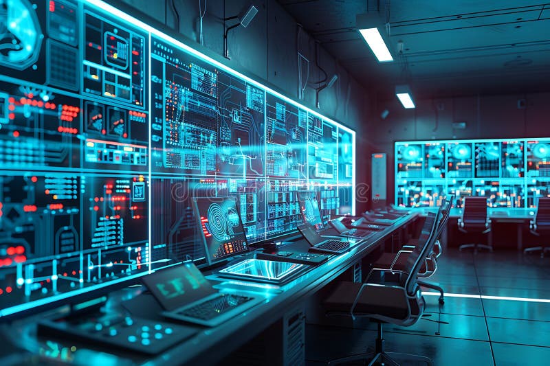 Futuristic Cyber Security Command Center Workstation Stock Illustration ...