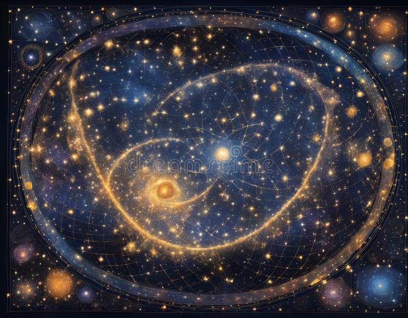 Celestial Grandeur: an Ornate Mural of the Cosmos in Golden Splendor ...