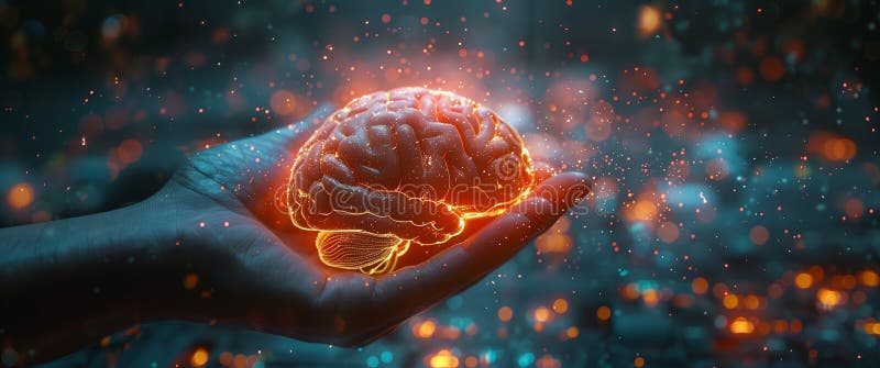 This Image Depicts a Human Hand Gently Holding a Digital Brain. Stock ...