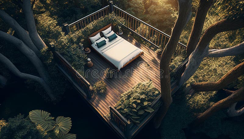 Immersive Forest Experience: Cozy Deck with Bedding and Green Scenery ...