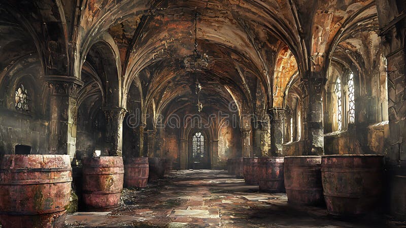 Gothic Ruin Interior with Barrels Stock Photo - Image of crypt ...