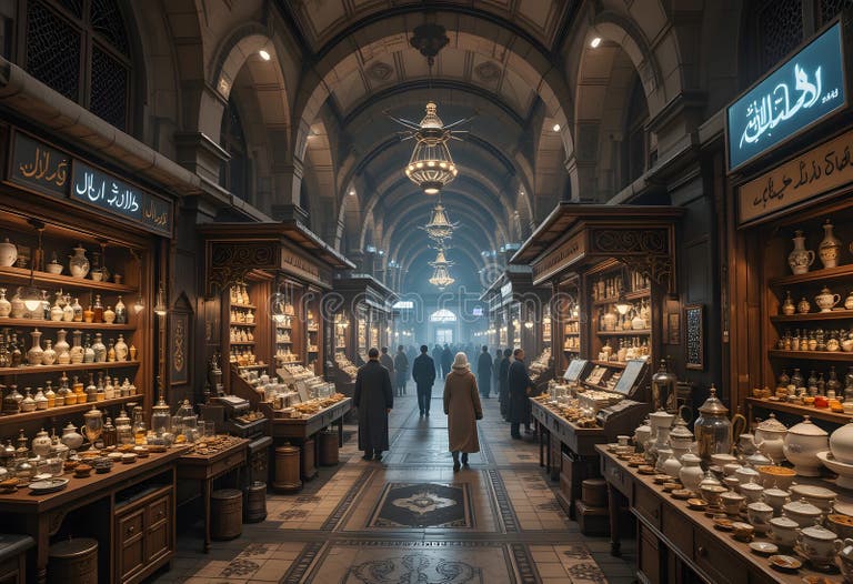 Grand Bazaar Interior with Shoppers and Goods Stock Illustration ...