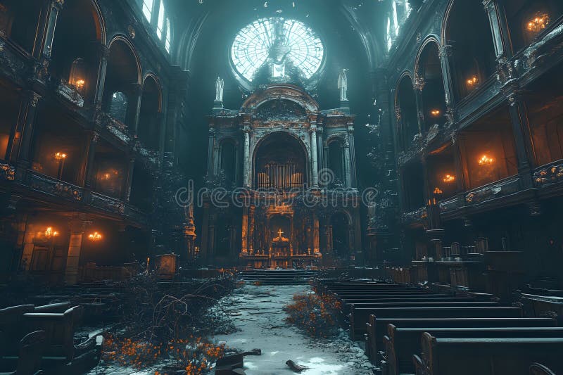Abandoned Gothic Church Interior Stock Illustration - Illustration of ...