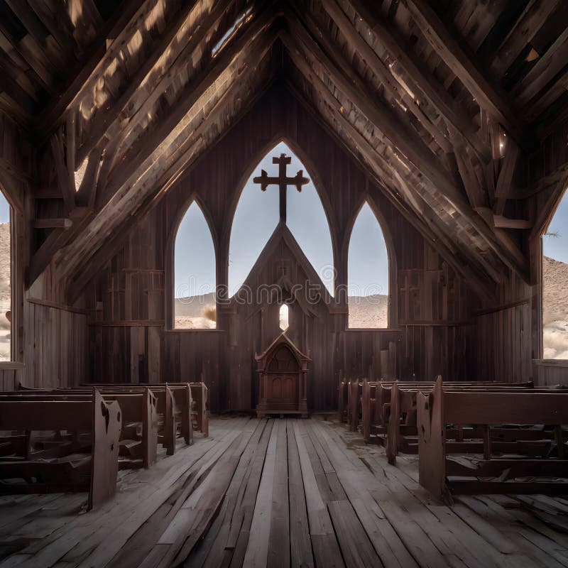 Abandoned Wooden Church Interior with Desert View Stock Photo - Image ...