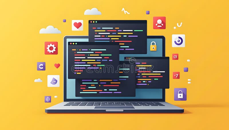The Image Depicts a Laptop Screen with Code Windows, Representing Software Development Stock ...