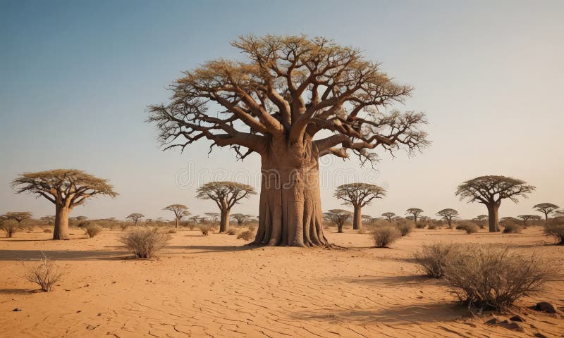 Large Baobab Tree with Thick Trunk and Numerous Branches Stands in ...