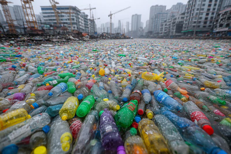 Image Depicts Large Area Covered with Plastic Bottles, Highlighting ...