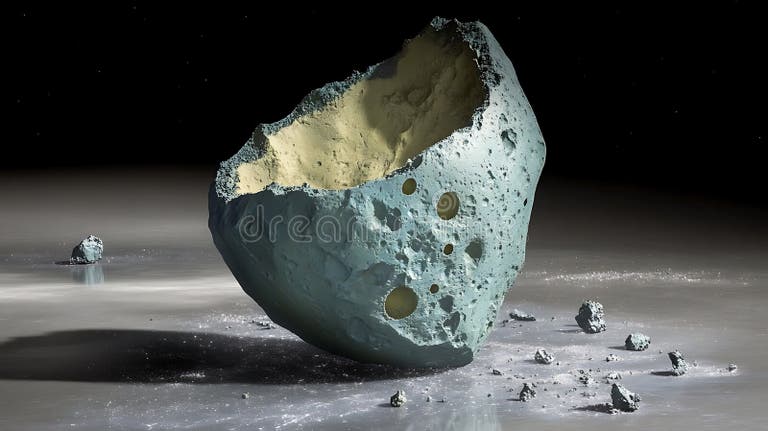 A Large Asteroid Partially Broken on a Celestial Body Surface Stock ...