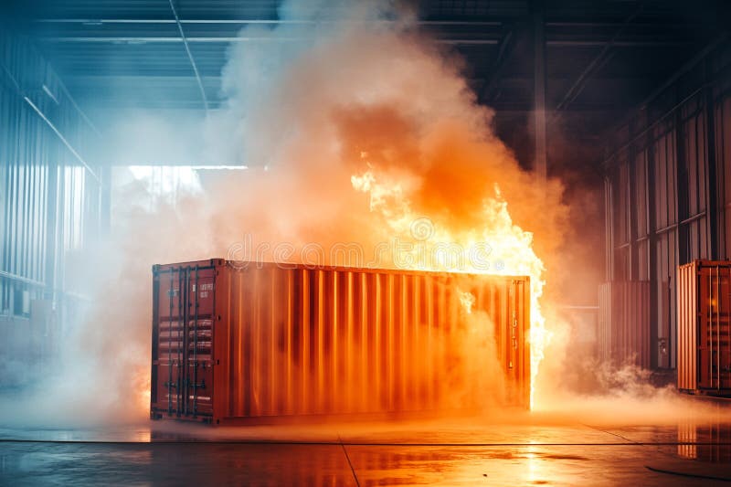 Fiery Shipping Container Engulfed in Intense Flames and Smoke Dramatic ...