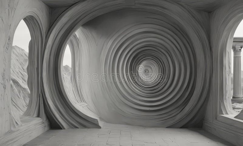 Monochrome Room with Large Circular Window, Arched Door, and Spiral ...