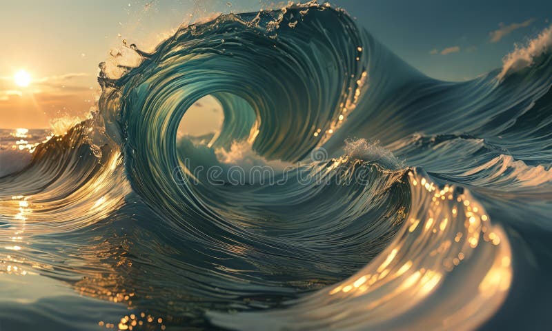 Large, Curling Wave with Golden Glow at Sunset, Creating Mesmerizing ...