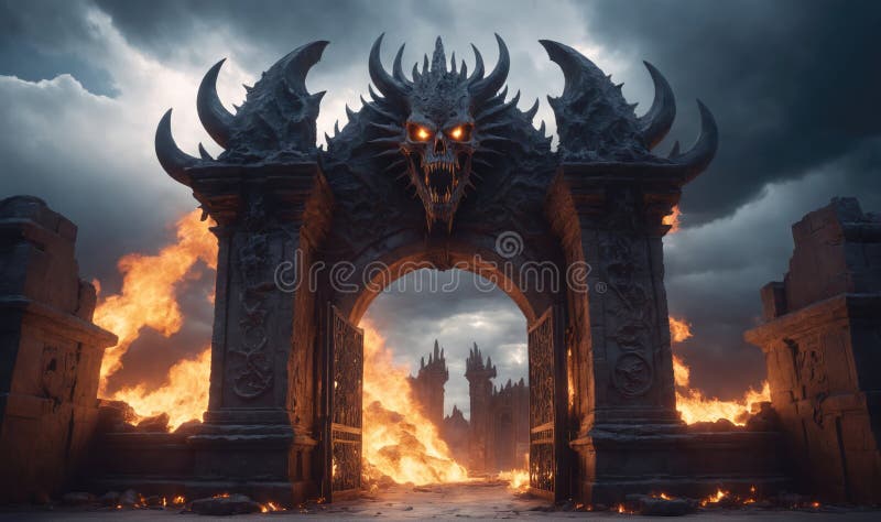 A Fiery Gate with a Dragon Head, Burning on Both Sides, Opens To a Dark ...