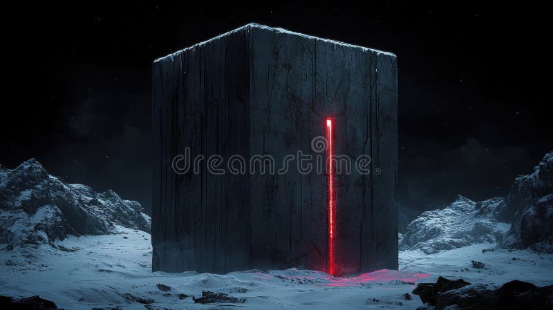 A Dark, Rocky Landscape with a Large, Glowing Red Pillar in the Center ...