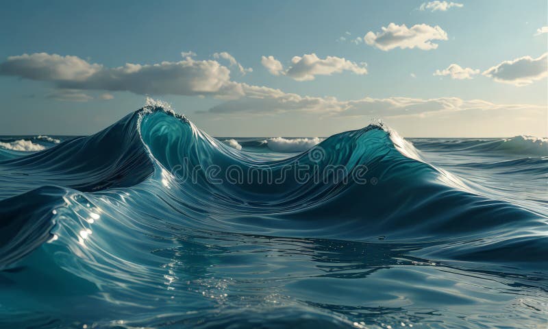 Large, Curling Wave Breaks Over the Ocean, with Bright Blue Sky and ...