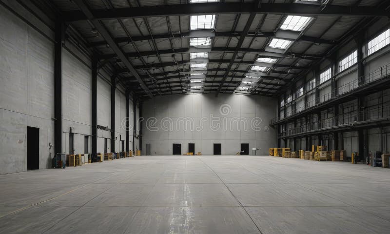Spacious Warehouse with High Ceilings, Metal Beams, and Skylights ...