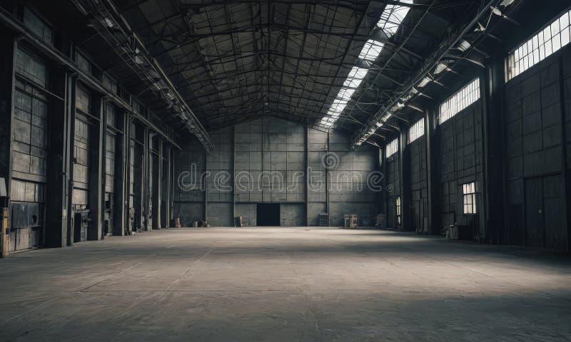 Dimly Lit Industrial Warehouse with High Ceilings, Large Windows, and ...