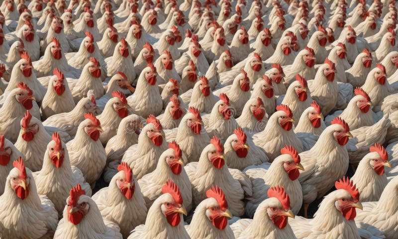 Large Flock White Chickens with Red Roosters Occupies the Frame ...